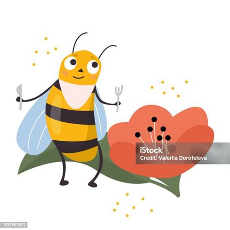 꽃가루를 모으기 위해 꽃가루를 모으기 위해 꽃가루를 모으기 위해 꽃가루가 있는 귀여운 노란 꿀벌이 꽃가루옆에 앉아 있습니다 벡터 플랫 빈티지 일러스트 교육에 대한 스톡 벡터