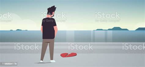 우울증 생활 위기에 가슴 아픈 슬픈 남자 헤어 이혼 개념 후방 보기 남자 깨진 심장 바다 풍경 배경 플랫 전체 길이 수평 근처 해변에 서 가공의 인물에 대한 스톡 벡터 아트