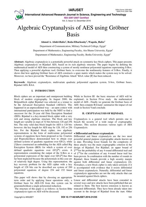 Pdf Algebraic Cryptanalysis Of Aes Using Gröbner Basis
