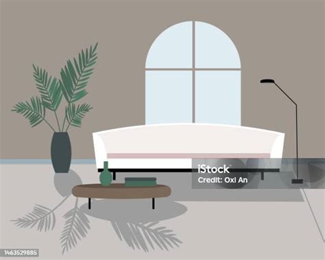 흰색 소파 아치형 창문 커피 테이블 램프 및 관엽 식물이있는 현대적인 객실 인테리어 사람이 없습니다 평면 벡터 그림입니다 아늑한 방과 아무도 일러스트레이션 오버레이 또는