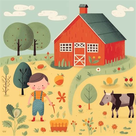 농장 풍경 만화 일러스트레이션 무료 사진