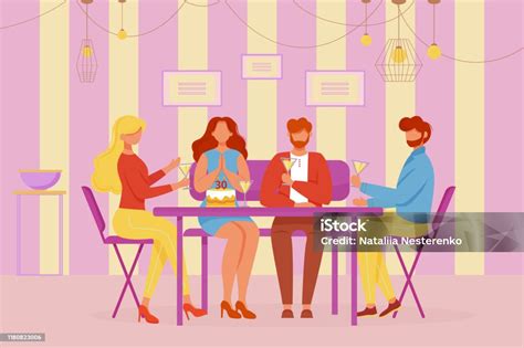 생일 축하 플랫 벡터 그림입니다 남자와 여자는 30 주년과 여자 친구를 축하합니다 소녀와 친구들은 케이크와 칵테일 만화 캐릭터와