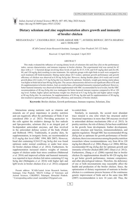Pdf Dietary Selenium And Zinc Supplementation Alters Growth And Immunity Of Broiler Chicken