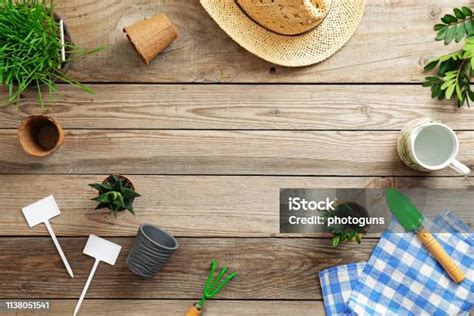 원 예 도구 꽃 냄비 잔디 빈티지 나무 바탕에 밀 짚 모자 봄 정원 작품 개념입니다 위에서 캡처한 텍스트에 대 한 복사 공간이 있는 플랫 레이 컴포지션 0명에 대한 스톡