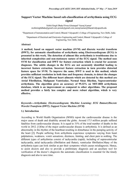 Pdf Support Vector Machine Based Sub Classification Of Arrhythmia Using Ecg Signal