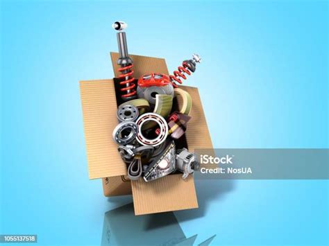 파란색 배경에서 3d 렌더링을 열기 상자에 배달 자동차 부품을 공급 하는 차량 정비 자동차의 현대 개념 0명에 대한 스톡 사진