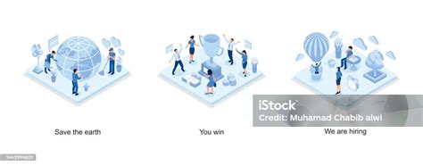 행성 지구를 구하려고 노력하는 사람들 캐릭터 당신은 개념 배너를 이깁니다 우리는 캐릭터 아이소메트릭 벡터 현대 일러스트레이션으로 개념을 고용하고 있습니다 기술에 대한 스톡