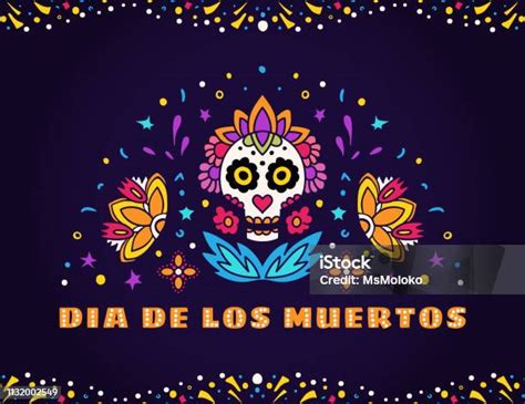 디 아 드 로스 무에 르 토스 일의 죽은 벡터 일러스트 레이 션 설탕 두개골 꽃 및 장식 테두리가 있는 배너 또는 파티 전단지를 위한 디자인 만성절에 대한 스톡 벡터 아트