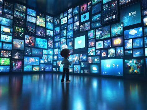 Large Wall Of Screens Displaying Various Social Media Feeds Premium