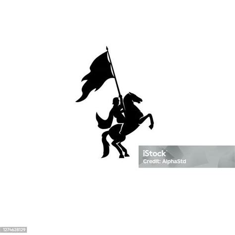 갑옷을 입은 전쟁 기사 병사가 깃발을 들고 말 로고 아이콘 디자인 플랫 벡터 템플릿 일러스트레이션 실루엣 흰색 배경으로 전쟁을 간다 아이콘에 대한 스톡 벡터 아트 및 기타