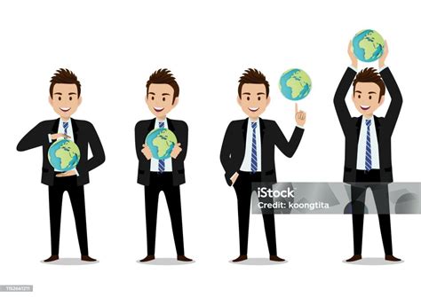 사업가 만화 캐릭터 세계를 저장 하거나 네 가지 포즈의 세트로 지구 개념을 저장 합니다 사무실 스타일의 똑똑한 소송에서 잘생긴 사업가 벡터 일러스트 감정에 대한 스톡 벡터