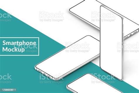 흰색 사실적인 등색 스마트 폰 모형 빈 흰색 화면이있는 3d 휴대 전화 녹색 배경에 현대 휴대 전화 템플릿 장치 3d 화면 의 그림 등측투영법에 대한 스톡 벡터 아트 및