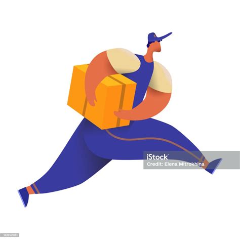 택배 소포 및 기타 물품의 배달 남자는 큰 상자를 제공하기 위해 서둘러입니다 상자로 실행됩니다 디자인 및 웹을 위해 흰색 배경에