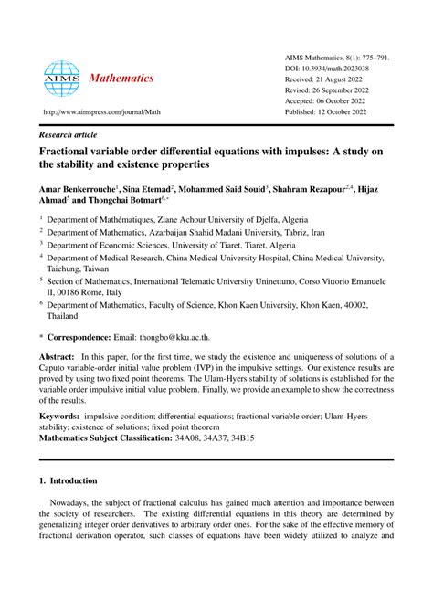 Pdf Fractional Variable Order Differential Equations With Impulses A