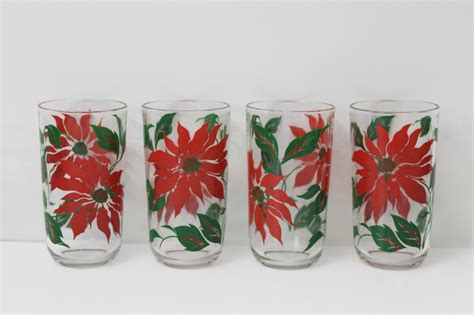 Vintage Hazel Atlas Glass Christmas Drinking Glasses Red Poinsettia Print Tumblers