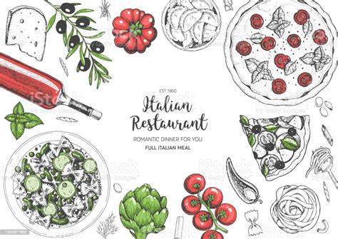 이탈리아 요리 탑 뷰 프레임 파스타와 피자를 곁들인 이탈리아 요리 세트 음식 메뉴 디자인 템플릿입니다 빈티지 손으로 그린 스케치