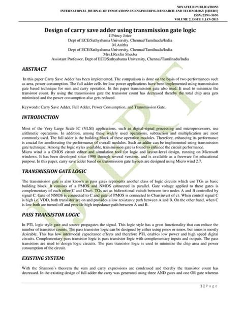 design of carry save adder using transmission gate logic pdf