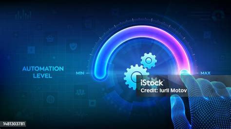 자동화 수준 향상 Rpa 로봇 프로세스 자동화 혁신 기술 개념 와이어프레임 핸드가 기어 아이콘이 있는 최대 위치 원 진행률 표시줄까지 당겨집니다 벡터 개발에 대한 스톡 벡터
