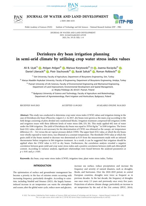 Pdf Derinkuyu Dry Bean Irrigation Planning In Semi Arid Climate By Utilising Crop Water Stress
