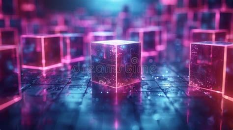 Futuristic Glowing Cubes With Neon Lights In A Digital Landscape Technology Concept Stock