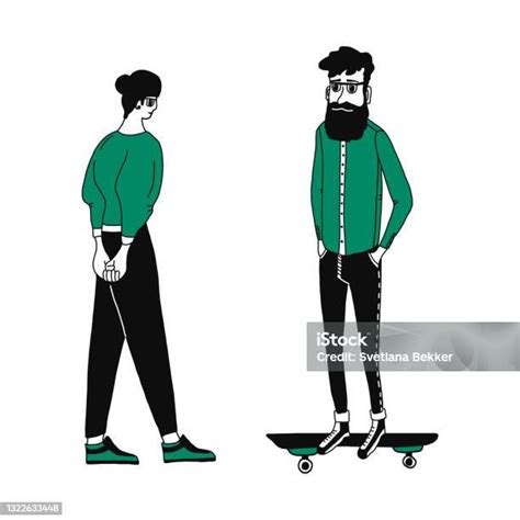 젊은 이들의 귀여운 만화 일러스트 스케이트보드에 있는 힙스터와 한 소녀가 서로 마주서 서 있다 흰색 배경에 격리된 벡터 그림 개성 개념에 대한 스톡 벡터 아트 및 기타