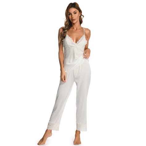 Qwzndzgr Can Wear Sexy Summer Ice Silk Fun Suspenders Pajamas Pants Home Suit Lace Stitching