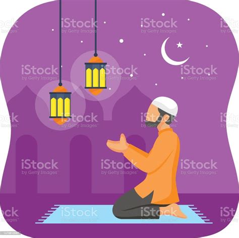 두아 개념 기도 깔개 벡터 선 아이콘 디자인에 앉아 무슬림 라마잔과 이드 알 피트르 상징 이슬람과 무슬림 금식 기호 아랍어 휴일 축 하 스톡 일러스트레이션에 손을 들고