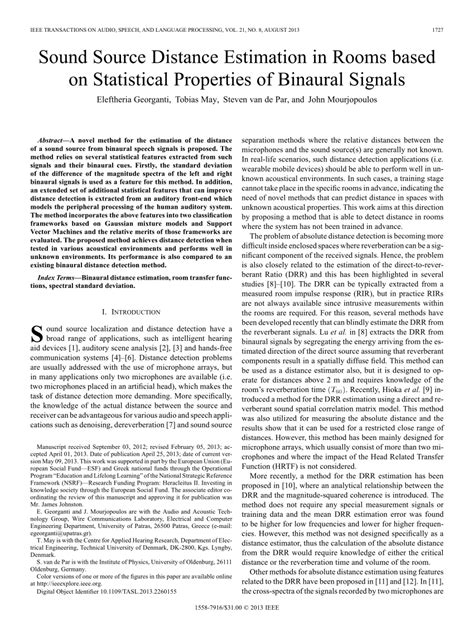 Pdf Sound Source Distance Estimation In Rooms Based On Statistical Properties Of Binaural Signals