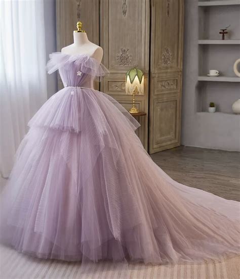 Princess Lavender Tulle Floral Long Prom Dress Lavender Formal Evenin