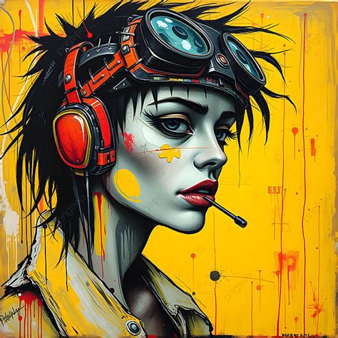 미래 지향적인 얼굴의 생생한 도시 거리 예술 미래 지향적인 얼굴 낙서에서 영감을 받은 사이버펑크 디자인 배경 일러스트 및