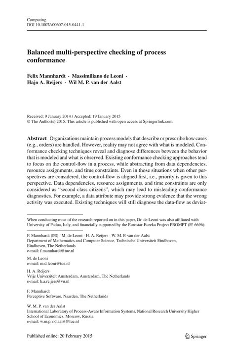 Pdf Balanced Multi Perspective Checking Of Process Conformance