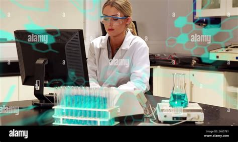 Image Of Chemical Formulas And Data Processing Over Caucasian Female