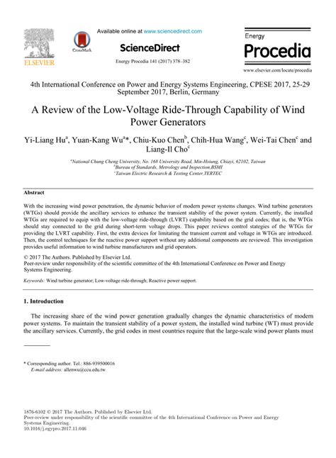 Pdf A Review Of The Low Voltage Ride Through Capability Of Wind Power Generators