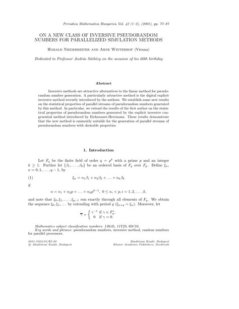 Pdf On A New Class Of Inversive Pseudorandom Numbers For Parallelized Simulation Methods