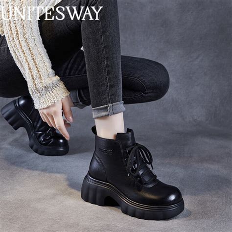 Unitesway马丁靴女2025秋季新款牛皮复古女鞋厚底短靴子轻便增高显瘦皮靴 黑色加绒 36【图片 价格 品牌 报价】 京东