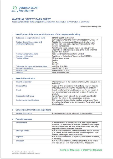 Material Safety Data DENDRO SCOTT Root Barrier