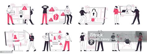 사이버 해커 공격 인터넷 사기 피싱에 대한 개요 온라인 사이버 범죄 컴퓨터 보안 개인 데이터 보호 플랫 벡터 일러스트 레이 션 세트 인터넷 사기 장면 사기에 대한 스톡 벡터