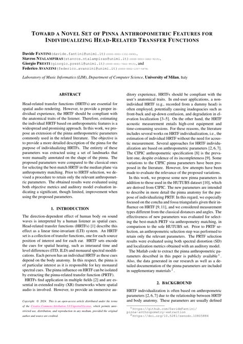 Pdf Toward A Novel Set Of Pinna Anthropometric Features For Individualizing Head Related