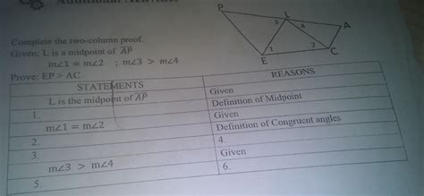 Solved Complete The Two Column Proof Given L Is A Midpoint Of Overline Ap M∠ 1 M∠ 2 M∠ 3 M