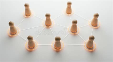 Networking Concept Represented By Wooden Figures Connected With Lines On A White Surface Stock