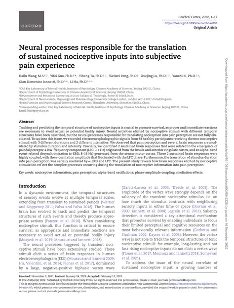 Pdf Neural Processes Responsible For The Translation Of Sustained Nociceptive Inputs Into