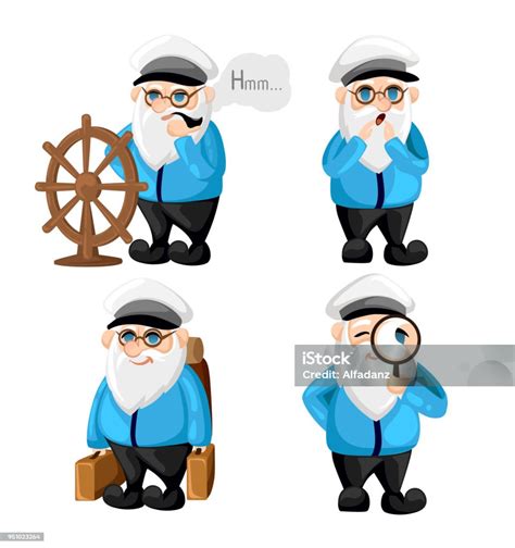 선박 선장 바다 만화 선원 문자 설정된 캡틴 다른 얼굴 표정에 유니폼 행복 한 슬픈 미소 놀 심각한과 다른 감정 간단한 벡터 일러스트 레이 션 개체 그룹에 대한 스톡 벡터