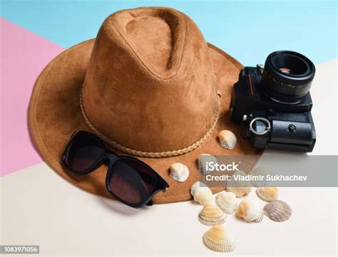 해변에서 리조트 개념입니다 모자 선글라스 빈티지 필름 카메라 색종이 배경에 조개를 느꼈다 개념에 대한 스톡 사진 및 기타 이미지 Istock