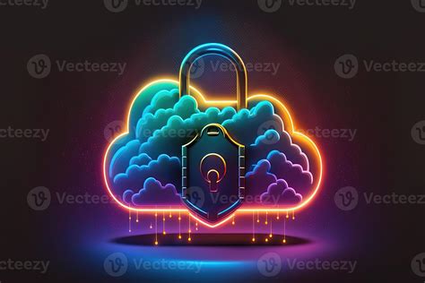 Neon Cloud With Locked Padlock Concept Of Data Protection Security