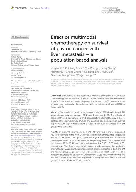 Pdf Effect Of Multimodal Chemotherapy On Survival Of Gastric Cancer With Liver Metastasis A