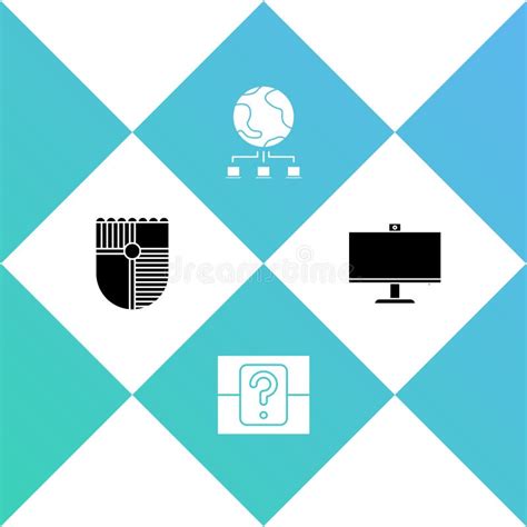 Set Shield For Game Mystery Random Box Computer Network And Monitor Icon Vector Stock Vector