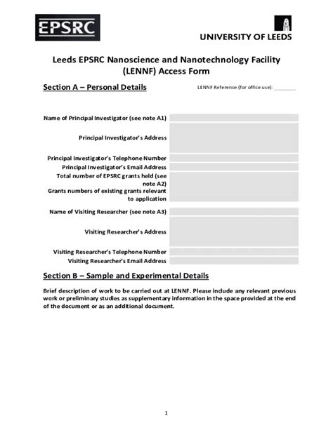 Fillable Online Leeds Epsrc Nanoscience And Nanotechnology Facility Lennf Access Form Fax