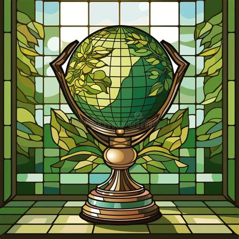 A Stained Glass Window With A Globe On It Stock Illustration