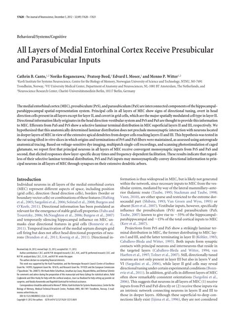 Pdf All Layers Of Medial Entorhinal Cortex Receive Presubicular And Parasubicular Inputs