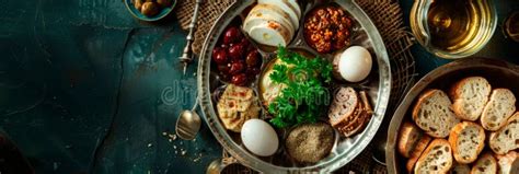 Traditional Passover Seder Plate With Symbolic Foods Arranged